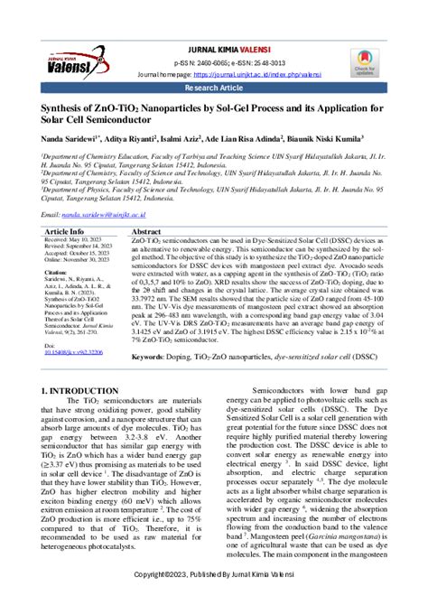 Pdf Synthesis Of Zno Tio2 Nanoparticles By Sol Gel Process And Its Application For Solar Cell