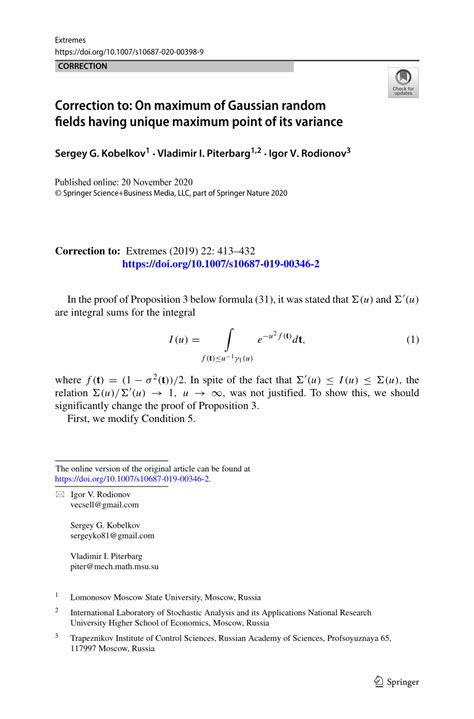 Pdf Correction To On Maximum Of Gaussian Random Fields Having Unique Maximum Point Of Its