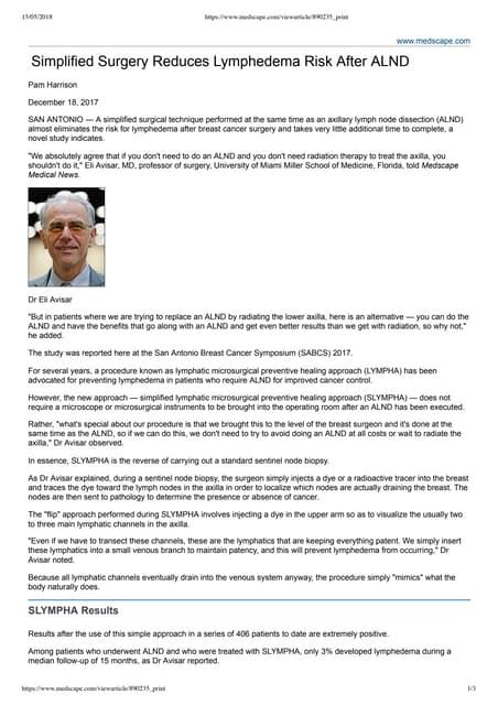 Simplified Surgery Reduces Lymphedema Risk After Alnd Pdf Cancer Diseases And Conditions