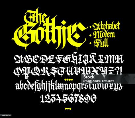 현대 고딕 전체 영어 알파벳 중세 어퍼 케이스 와 소문자 라틴어 문자 디자인에 대한 징후와 기호 고대 유럽 스타일 서예와 글자 숫자 문신에 대한 스톡 벡터 아트 및 기타