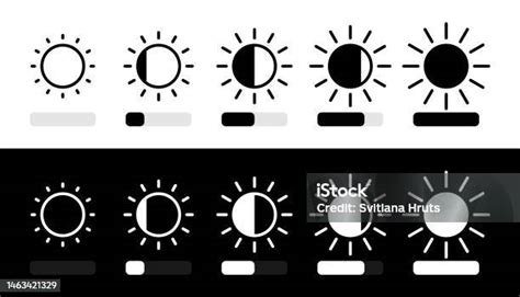 밝기 제어 아이콘 모음입니다 다양한 수준의 밝기 화면 밝기 및 대비 수준 설정 아이콘입니다 야간 또는 주간 모드 벡터 그림입니다 아이콘에 대한 스톡 벡터 아트 및 기타