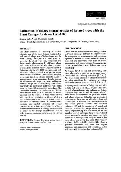 Pdf Estimation Of Foliage Characteristics Of Isolated Trees With The Plant Canopy Analyzer Lai