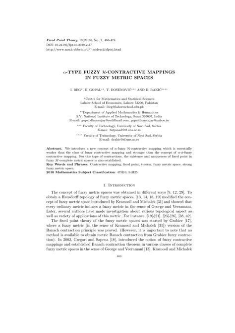 Pdf α Type Fuzzy H Contractive Mappings In Fuzzy Metric Spaces