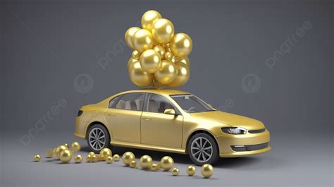 자동차에 금 풍선의 개념 3d 이미지 컬러 풍선과 함께 받침대에 3d 렌더링 골드 자동차 승리 또는 선물 개념 고화질 사진 사진 배경 일러스트 및 사진 무료 다운로드