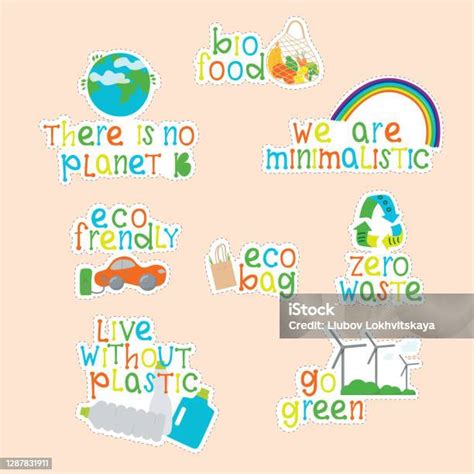 스티커 세트에 에코 레터링 구오트 제로 폐기물 플라스티스 에코 가방 에코 프렌들리없이 살고 녹색으로 이동 우리는 미니멀입니다 배경에 격리 된 손으로 쓰기 기호 세트 벡터