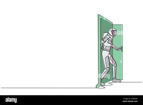 Continuous One Line Drawing Astronaut Walking Through An Open Door Frame In Moon Surface New