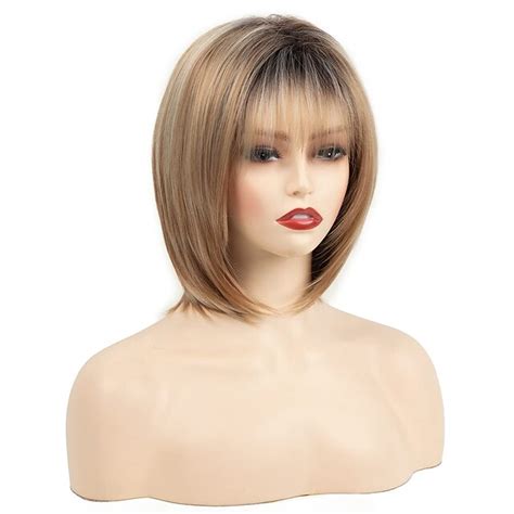 Blonde Highlight Short Pixie Bob Wig With Bangs Straight Ombre Blonde Synthetic Wig With Dark