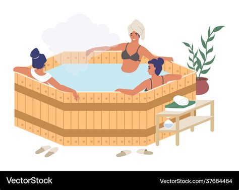 Happy Women Enjoying Barrel Japanese Hot Tub Bath Vector Image