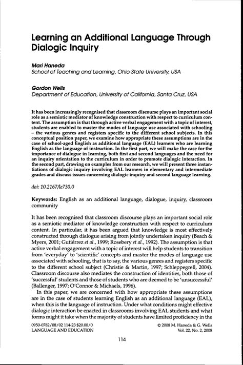 Pdf Learning An Additional Language Through Dialogic Inquiry
