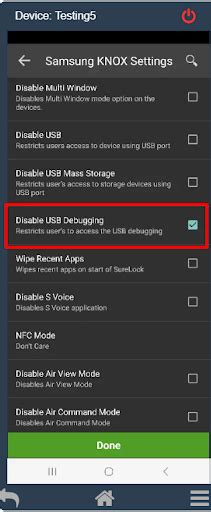 how to disable usb debugging for knox devices within surelock 42gears