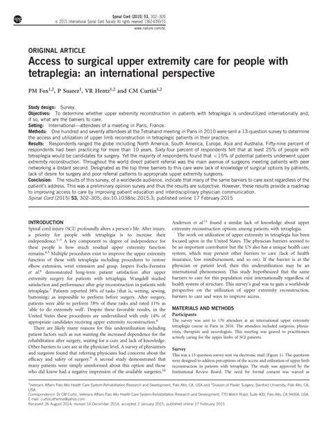 Pdf Access To Surgical Upper Extremity Care For People With Tetraplegia An International
