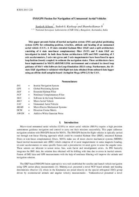 Pdf Ins Gps Fusion For Navigation Of Unmanned Aerial Vehicles