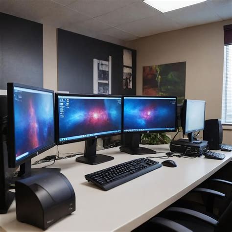 Desk With Three Monitors And One Black Keyboard Premium Ai Generated Image