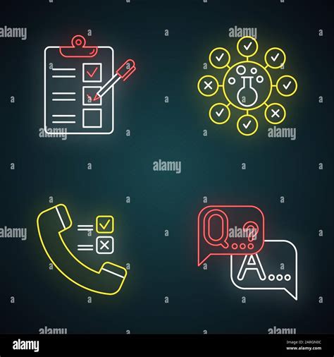 Survey Methods Neon Light Icons Set Telephone Poll Chemical Analysis Questionnaire Interview