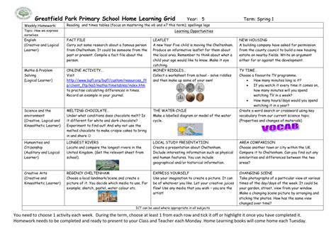 Term 3 Homework Grid Year 5 Greatfield Park Primary School