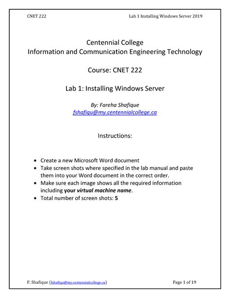 Lab01 Windows Server Installation Centennial College Information And