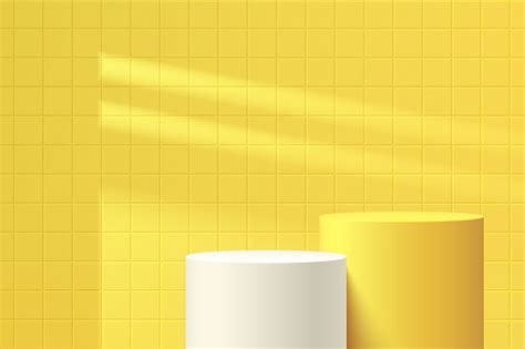 창문 그림자가있는 빈 방에서 흰색 노란색 기하학적 받침대 연단 3d 플랫폼 디자인이 있는 벡터 추상 스튜디오 룸 화장품을 위한 모던 한 미니멀 한 장면 쇼케이스 프로모션