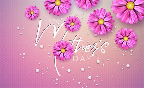 분홍색 배경에 꽃과 타이포그래피 편지와 해피 어머니의 날 인사말 카드 디자인 배너 전단지 초대장 브로셔 포스터에 대한 벡터 축하 일러스트 템플릿 0명에 대한 스톡 벡터 아트