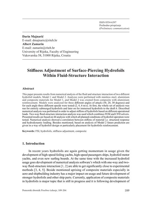Pdf Stiffness Adjustment Of Surface Piercing Hydrofoils Within Fluid Structure Interaction