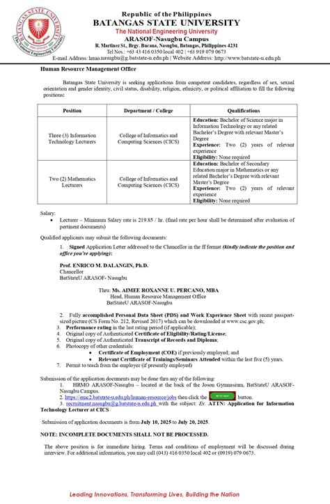Hrmo Batangas State University Is Seeking Applications From Competent