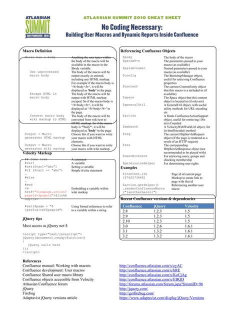 No Coding Necessary Building Confluence User Macros Cheat Sheet Atlassian Summit 2010 Doc