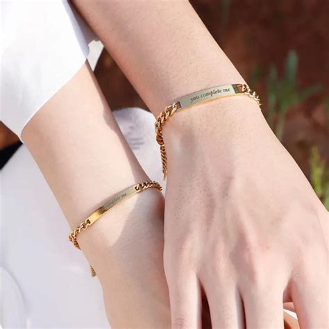 Personalized Couple Bracelets Set Stainless Steel Message Bar