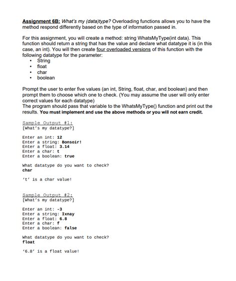 Solved Assignment 6b Whats My Datatype Overloading