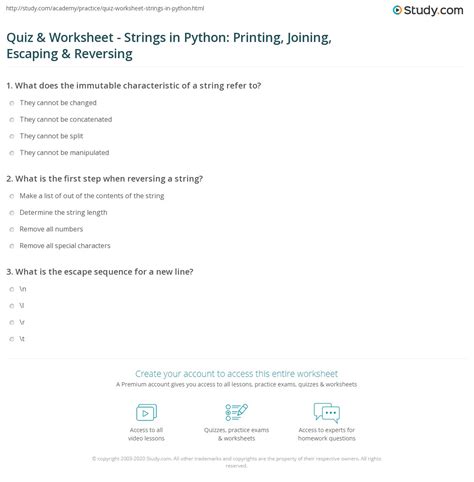 Quiz Worksheet Strings In Python Printing Joining Escaping