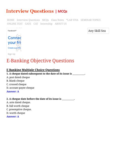 300 Real Time E Banking Objective Questions And Answers Pdf Cheque Negotiable Instrument
