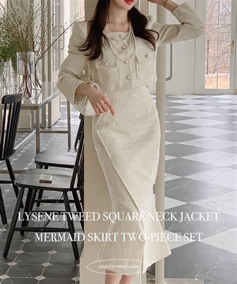 하객룩하이퀄리티 리세느 트위드 스퀘어넥 노카라 크롭 단추 긴팔 자켓세미 머메이드 슬림 튤립 롱 트임 사선 절개 스커트 여성 수트 정장 투피스 세트 에이블리