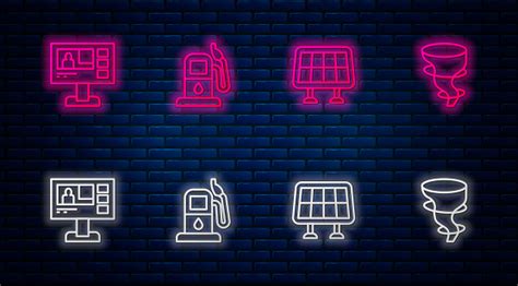 세트 라인 휘발유 또는 주유소 태양 에너지 패널 텔레비전 보고서 및 토네이도 벽돌 벽에 빛나는 네온 아이콘입니다 벡터 0명에