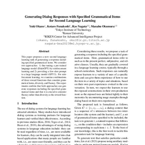 Generating Dialog Responses With Specified Grammatical Items For Second Language Learning Acl