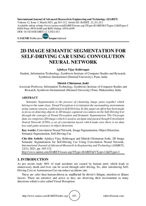 Pdf 2d Image Semantic Segmentation For Self Driving Car Using