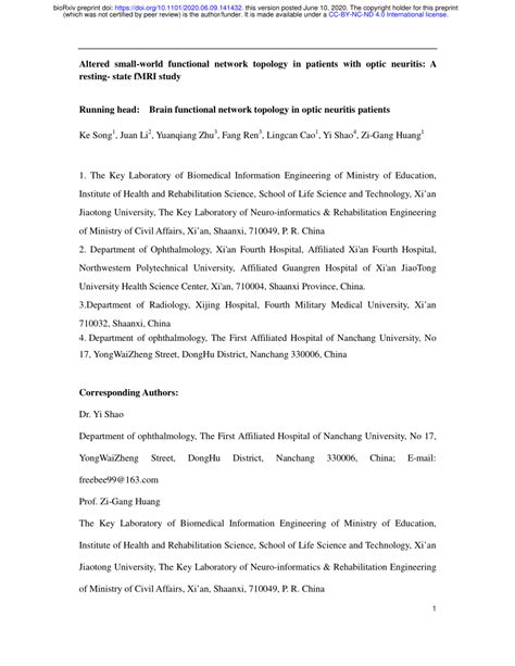 Pdf Altered Small World Functional Network Topology In Patients With Optic Neuritis A Resting