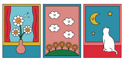 레트로 그루비 포스터 꽃병에 꽃이 있는 빈티지 포스터 달콤한 하늘과 구름이 있는 해바라기 밭 고양이는 창 밖에서 달을 봅니다