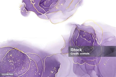 황금 반짝이 라인과 모브 액체 수채화 배경 파스텔 바이올렛 대리석 알코올 잉크 그리기 효과 추상적인 세련된 유체 아트 자수정