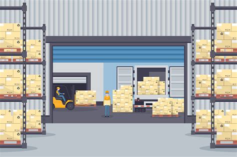 팔레트 지원을위한 금속 랙 및 선반이있는 제품 보관을위한 산업 창고 냉동 트럭에서 하역하는 지게차 트럭 제품의 산업 저장 및