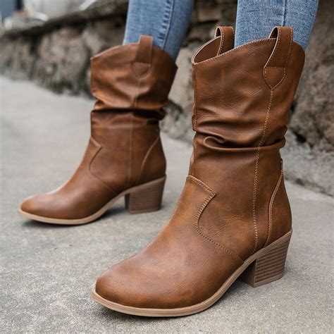 Luxalzxs Womens Cowboy Cowgirl Boots Classic Low Chunky Heel Mid Calf