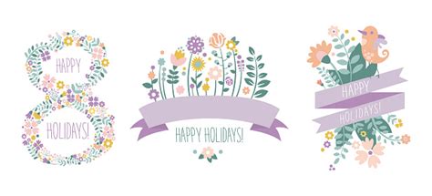 해피 홀리데이 레터링 파티 포스터 인사말 카드 배너 흰색 배경에 초대 벡터 일러스트 레이 션에 대 한 3 월 8 일 꽃 디자인 요소 0명에 대한 스톡 벡터 아트 및 기타