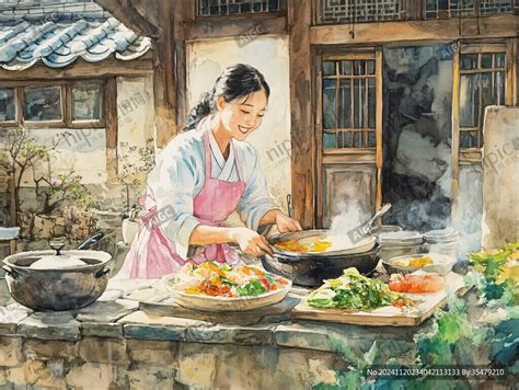 Ai创作图韩式年糕制作插画 江南厨房生活场景 农家女插画 鲜族大酱插画 朝族炒菜 朝鲜族生活场景 农家厨房场景 农家美食插画 朝鲜族插画 场景插画铁锅 女性农家女插画 农家菜插画 煮妇插画