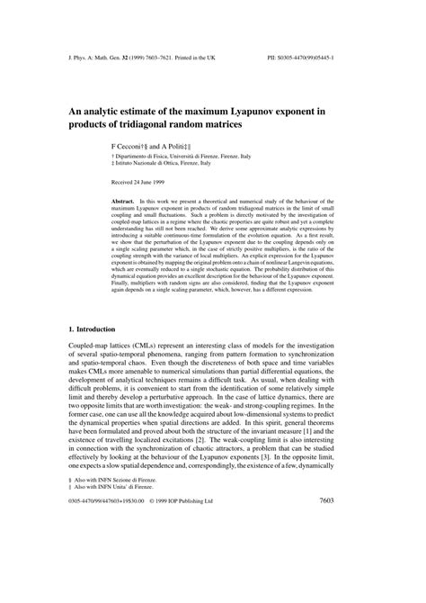 Pdf An Analytic Estimate Of The Maximum Lyapunov Exponent In Products Of Tridiagonal Random