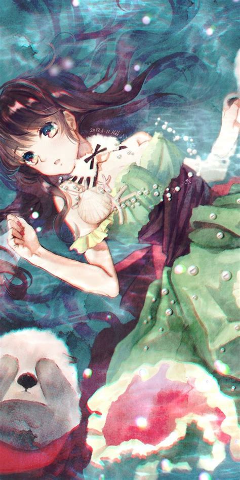 Обои на телефон Ракушки Аниме Оригинал Коричневые Волосы Зеленые Глаза Длинные Волосы 892494