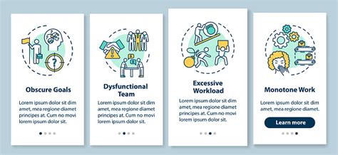 번아웃으로 인해 개념이 있는 온보딩 모바일 앱 페이지 화면이 발생합니다 모노톤 작업 과도한 워크로드 연습 4 단계 그래픽 지침 Rgb 색상 그림이 있는 Ui 벡터 템플릿