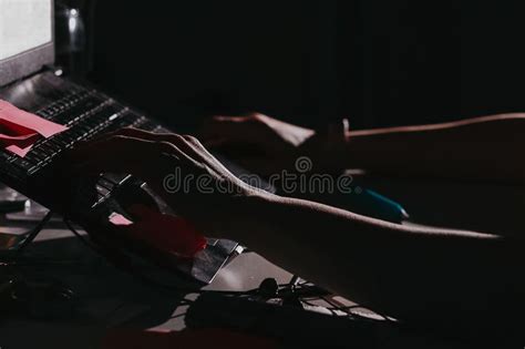 Female Hacker At Laptop Online At Night Cyber Security Concept Stock