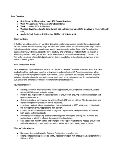 Sr Microsoft Access Sql Server Developer Wfh Pdf