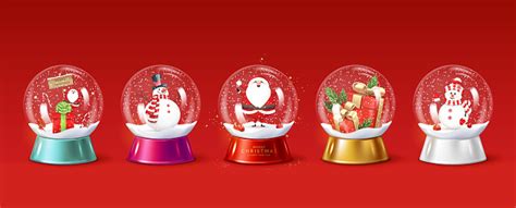 빨간색 배경에 격리된 산타클로스 눈사람 선물 및 공이 있는 투명한 스노우 글로브 세트 스노우 글러브에 대한 스톡 벡터 아트 및