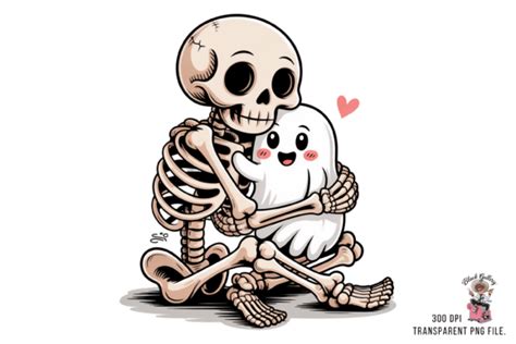 Cute Skeleton Hugging Ghost Clipart Png Graphic By Black Gallery Art