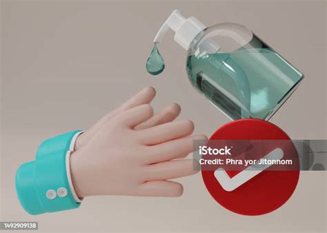 알코올 소독제는 체크 표시가 있는 양쪽 손바닥에 떨어집니다 알코올 소독 병 소독제 젤 기호 위생 개념 병원균과 박테리아의 확산을 방지합니다 3d 렌더링 3차원 형태에 대한