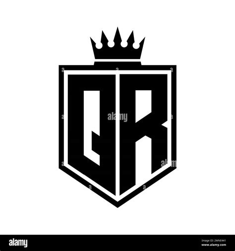 QR Letter Logo Monogram Bold Shield Geometric Shape With Crown Outline Black And White Style