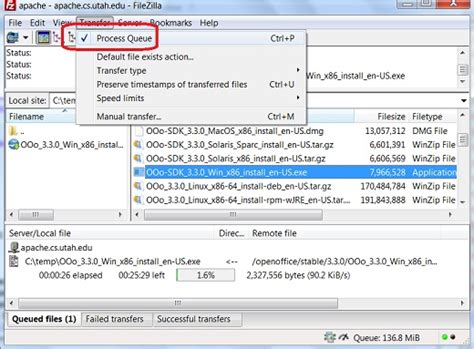 pause file transfer in filezilla ftp client